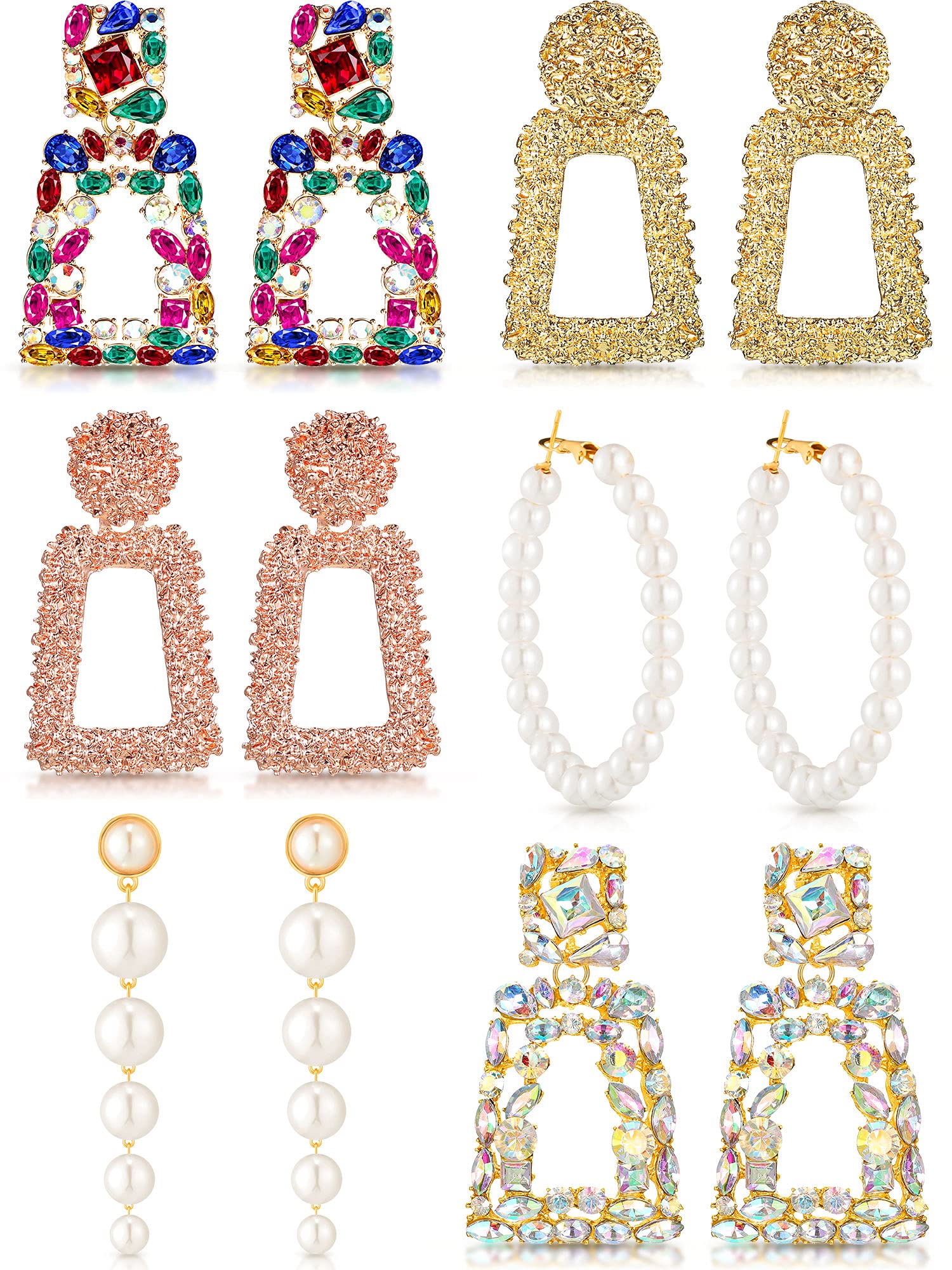 6 Pairs Rhinestone Rectangle Dangle Earrings Statement Geometric Drop Earrings Crystal Earrings Dangle Long Pearl Hoop Earrings for Women (Beautiful Style)