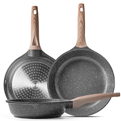 Caannasweis Nonstick Pan, Nonstick Stone Frying Pan, Best Nonstick Omelette Skillet Fry Pan with Soft Touch Handle, Induction Compatible (8+9.5+11 Inch Grey)