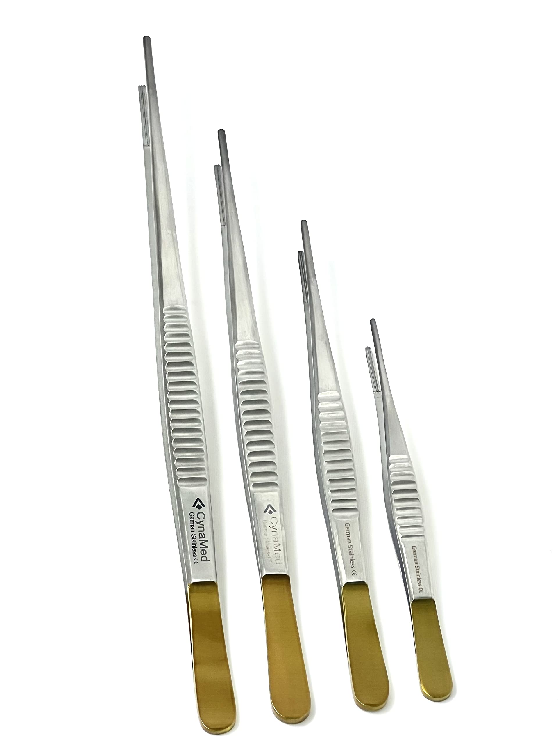 German Set of 4 Each Debakey Forceps Serrated Narrow Tips for Atraumatic Veterinary Microscopy Dissection Comes in Gold Handle 6”+8”+10”+12”