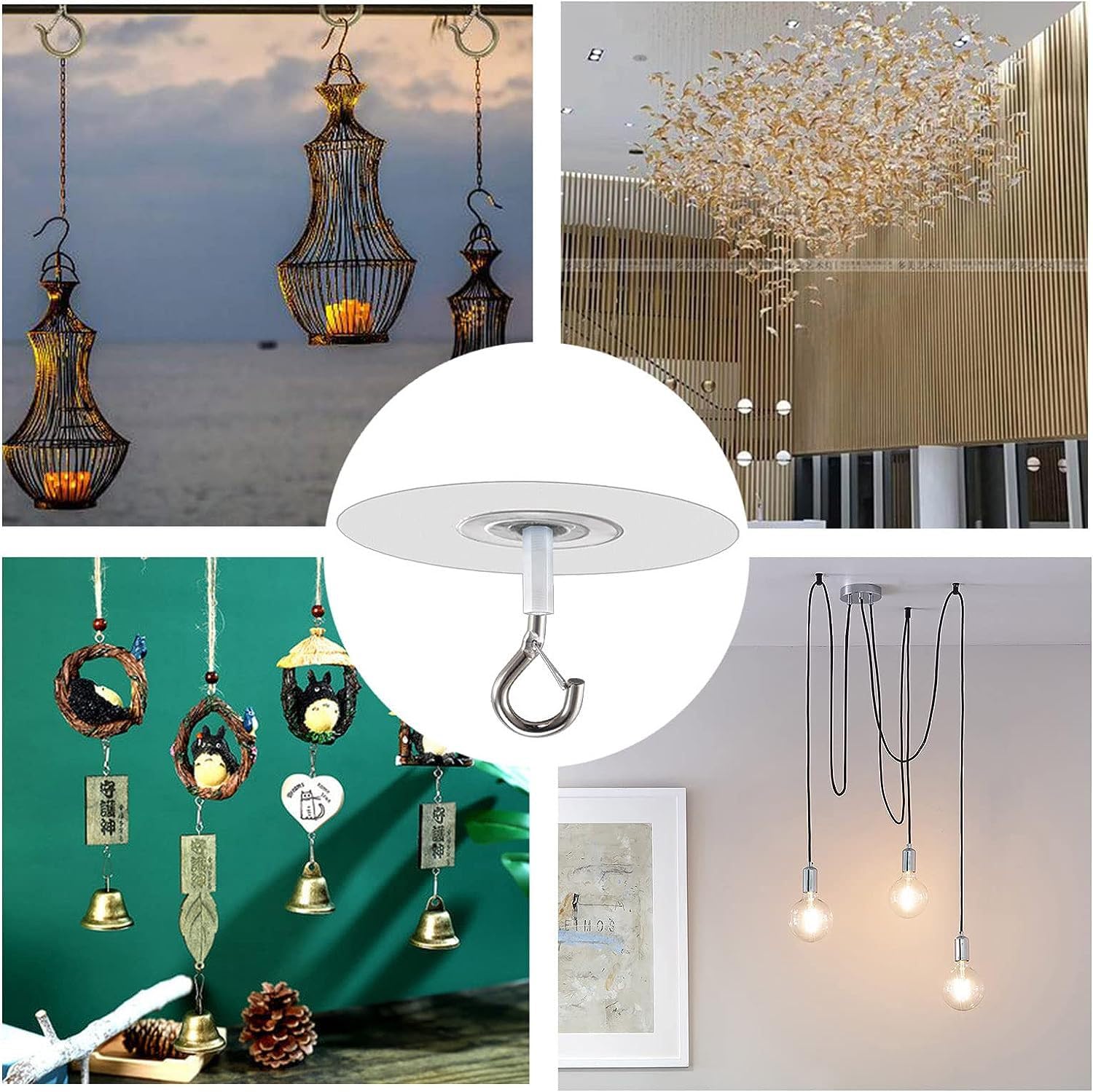 Adhesive Ceiling Hook - Weight-Bearing Stick-On Ceiling Hook, Sticky Ceiling Hook | Drill Free Hanging Ceiling Hook with Safety Clasp, Water Resistant Hook for Ceiling Plants Chimes,Home Storage Hooks