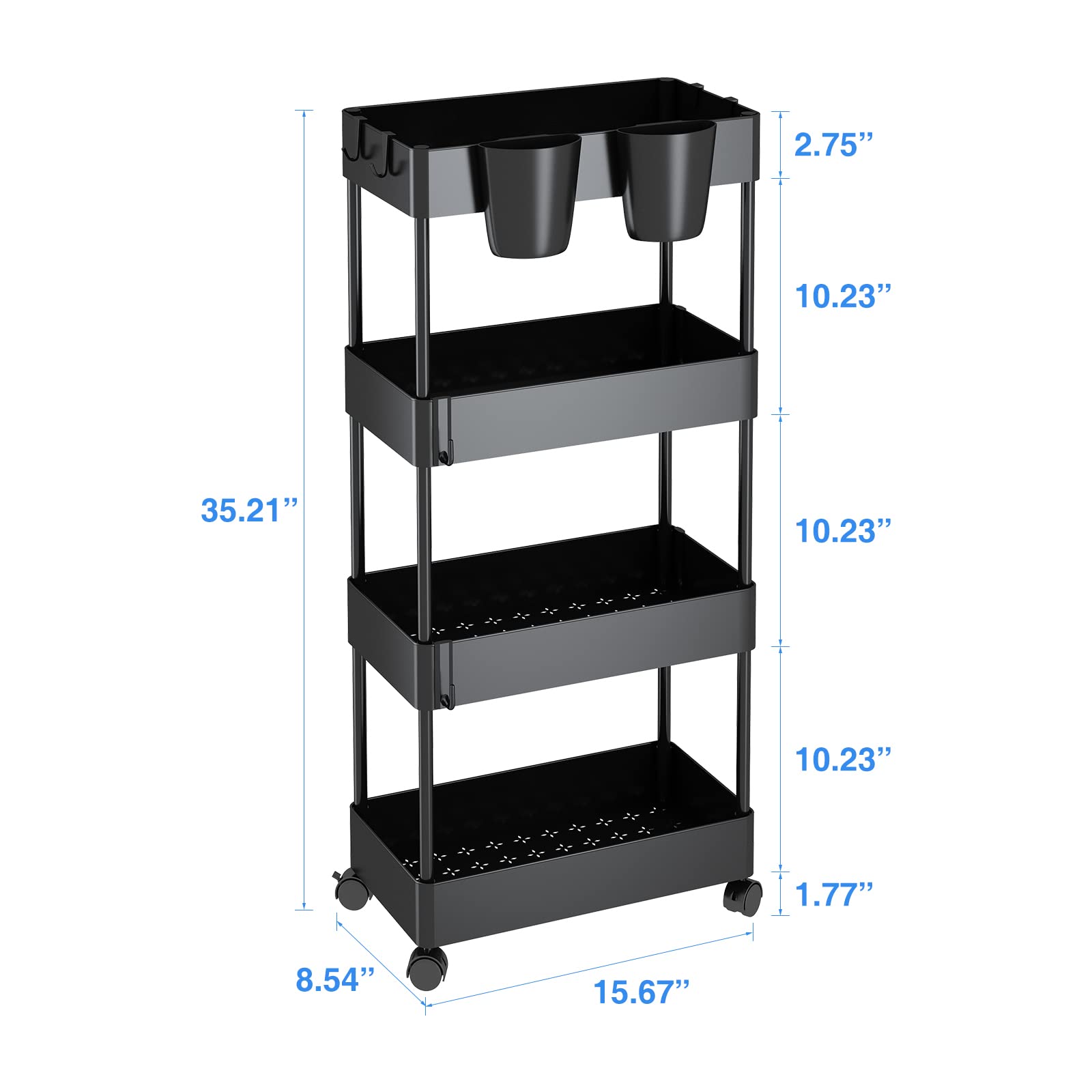 AIYAKA 4-Tier Rolling Utility Cart, with Wheels Multifunctional Storage Organizer, for Kitchen, Office, Home, School, Black