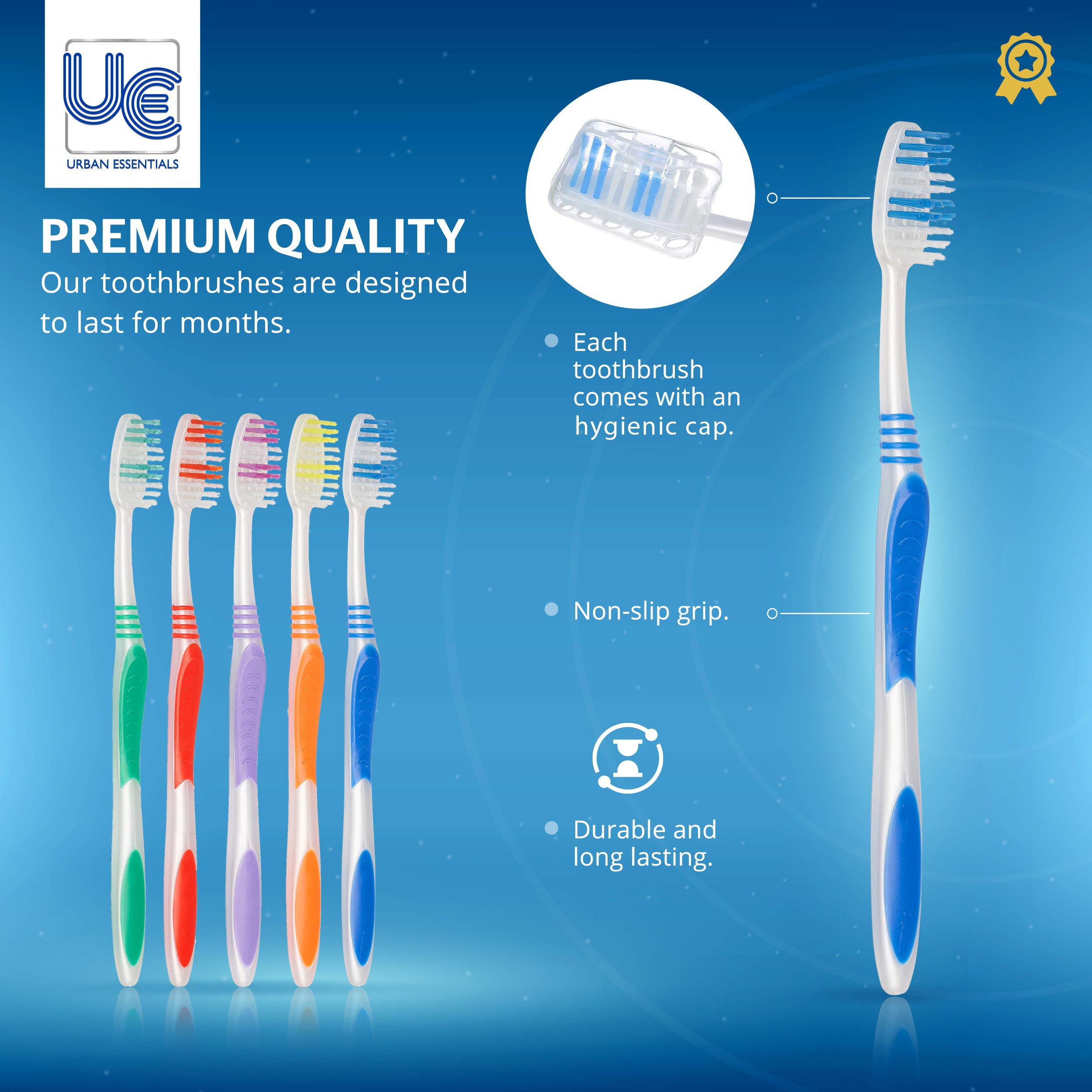 Urban Essentials Bulk Toothbrush Package with Covers | Premium Quality Individually Wrapped Colorful Tooth Brushes | Medium Soft Toothbrush Hygienic Cap for Donations, Travel, Hotels (100 Pack)