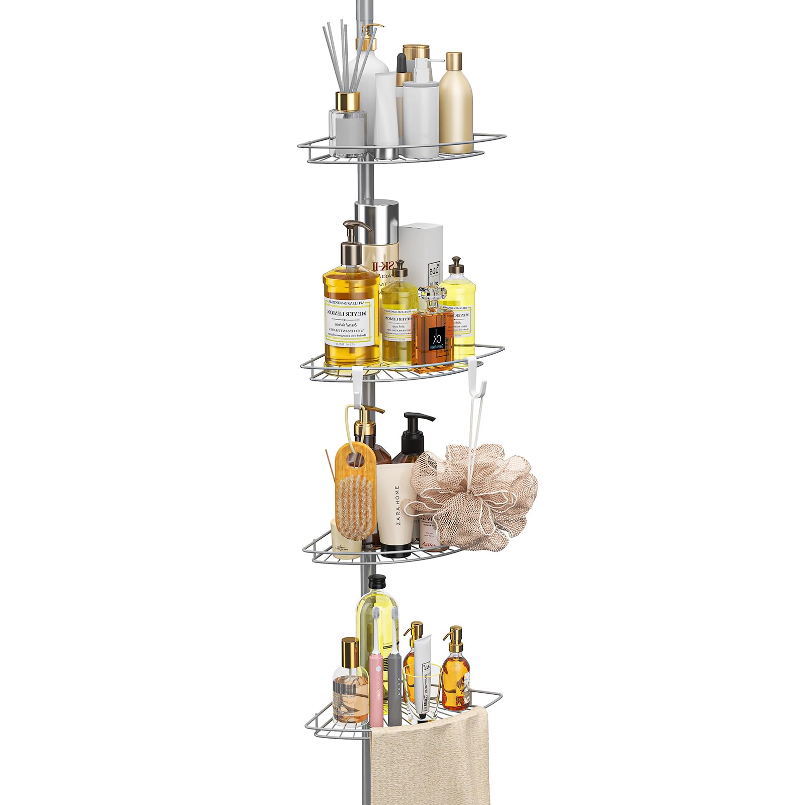 AIYAKA Tension Corner Shower Pole Caddy, Bathroom Storage Organizer, 65 to 106 inch Adjustable Height, with 2 Hooks, Silver