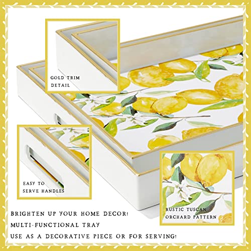 American Atelier Set of 2 Lemons Branches Rectangular Serving Tray with Handles- Indoor & Outdoor Platter for Home Entertaining, Cocktail Hour, Snacks, Barware, Perfume (Large 19x14, Small 18x12)