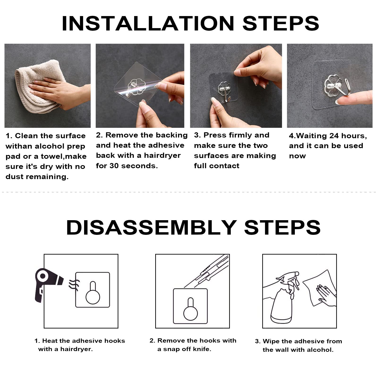 Adhesive Hooks for Hanging, Stainless Steel 16 Pack Sticky Wall Hooks 22lb(Max) Removable, Heavy Duty Self Adhesive Hooks Waterproof Oilproof for Bathroom Shower Kitchen Outdoor Towel Keys, Clear