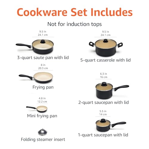 Amazon Basics 11-Piece Ceramic Non-Stick Pots and Pans Set, Dishwasher & Oven Safe, Non-Toxic, Easy Clean, Black/Cream
