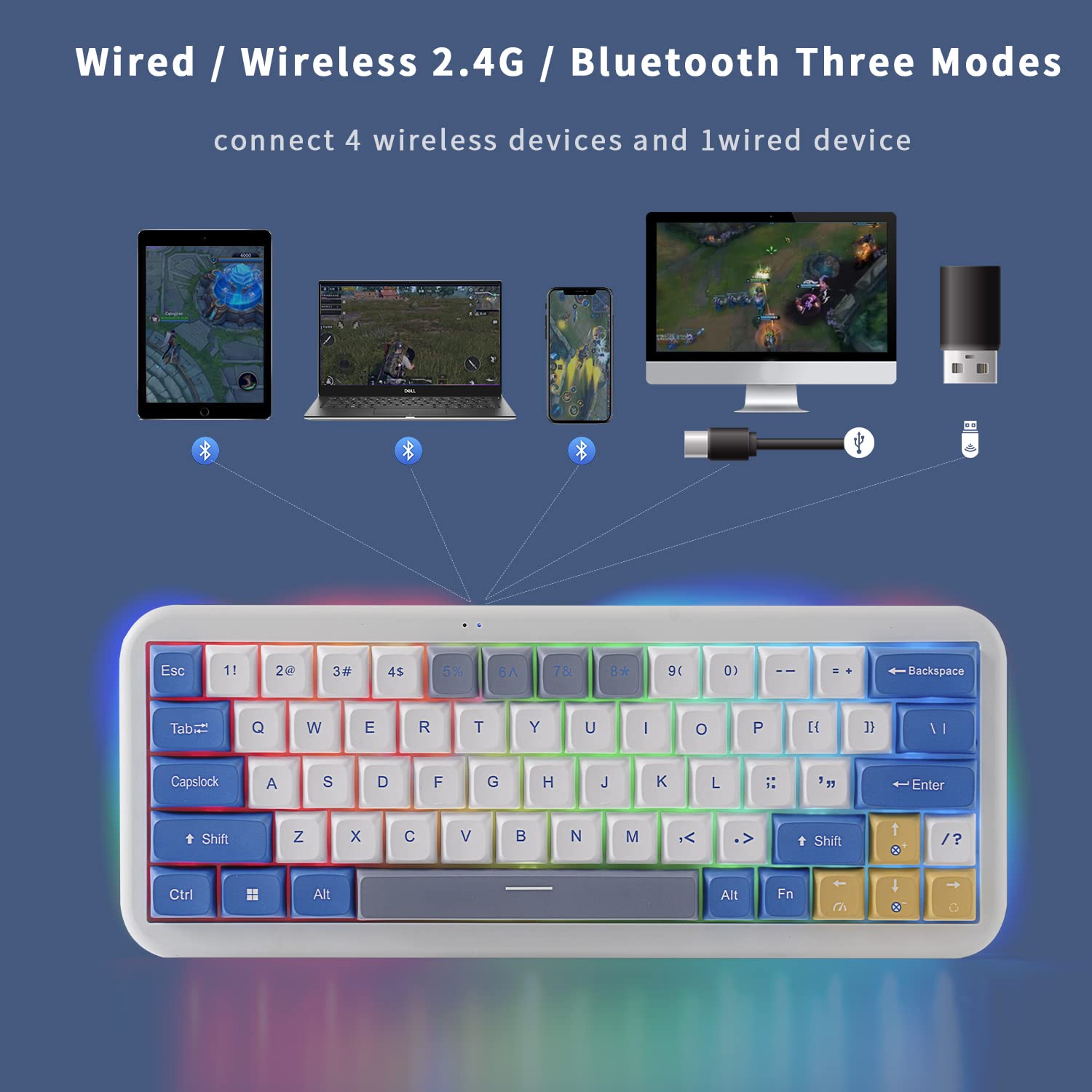 60% RGB Luminous Mechanical Keyboard, PBT Dye Sublimation Keycaps, 63-key Hot Swappable 3-pin/5-pin Switch, Programmable Tri-Mode Bluetooth 5.0/USB-C Wired/2.4GHz Wireless DIY Mechanical Keyboard