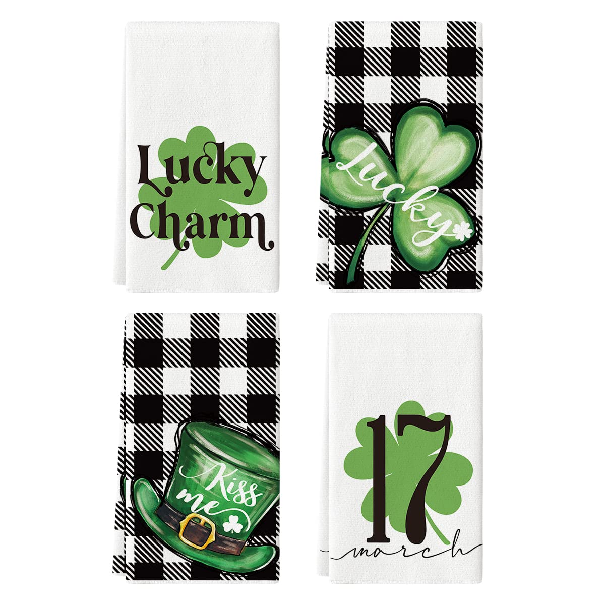 Artoid Mode Buffalo Plaid Clover Shamrock Lucky Charm St. Patrick's Day Kitchen Towels Dish Towels, 18x26 Inch Seasonal Kiss Me Hat Decoration Hand Towels Set of 4