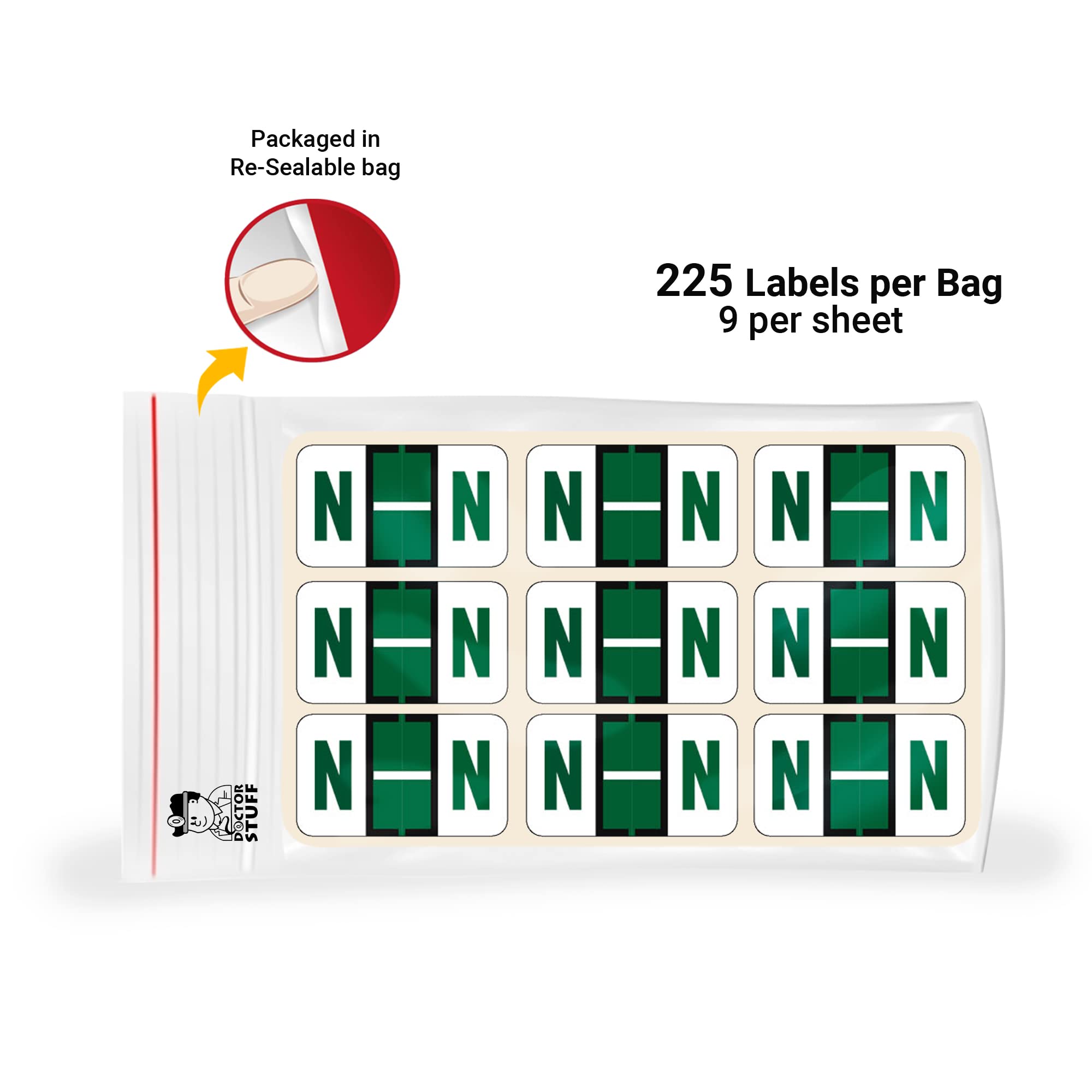 Doctor Stuff - File Folder Labels, Alphabet Letter N, Jeter/TAB 5100 - JXAM Series Compatible Alpha Stickers, Dark Green, 15/16" x 1-5/8", 225 Labels per Package