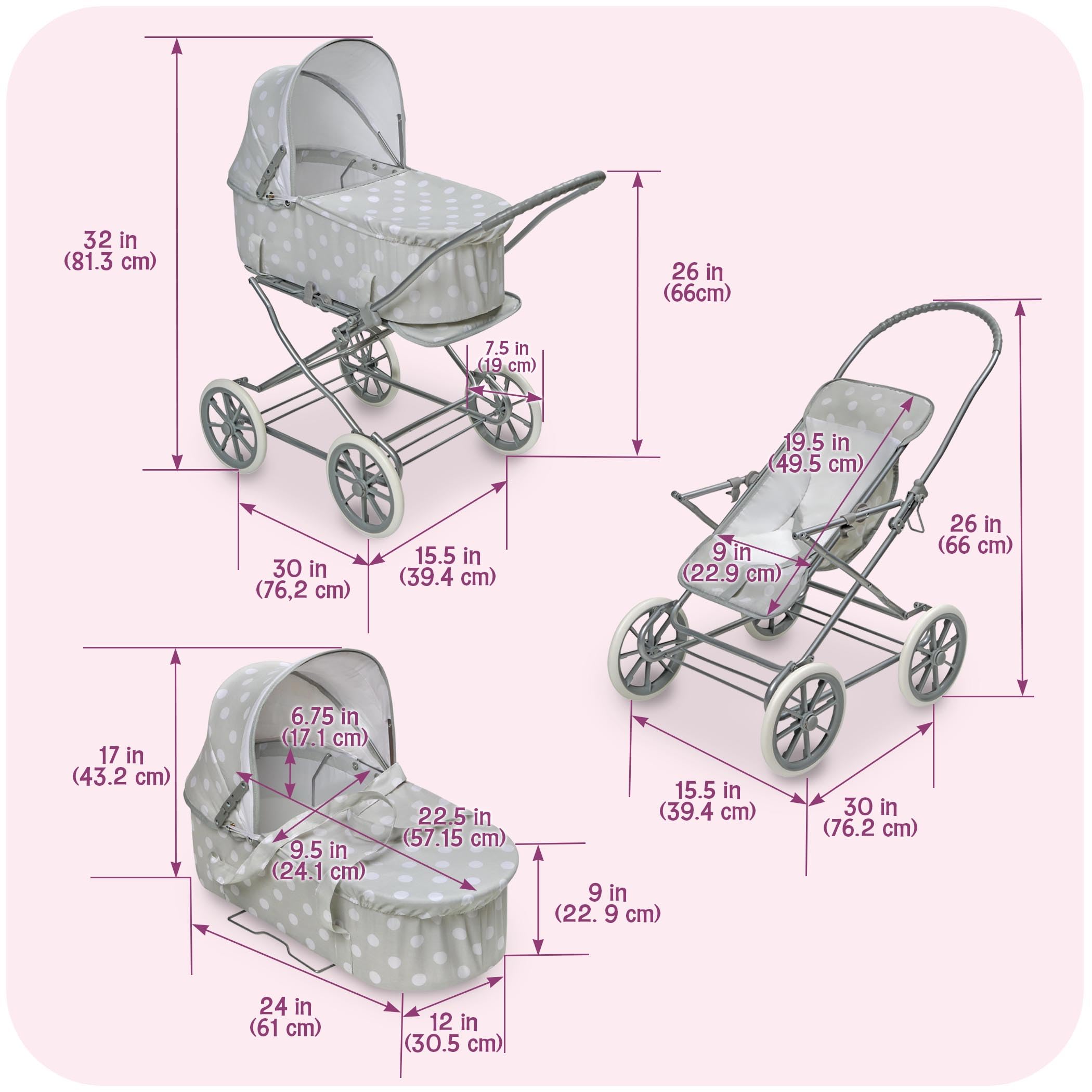 Badger Basket English Style Doll Stroller β Fits 18 to 22-inch Dolls, Classic Pretend Play Toy with Adjustable Canopy