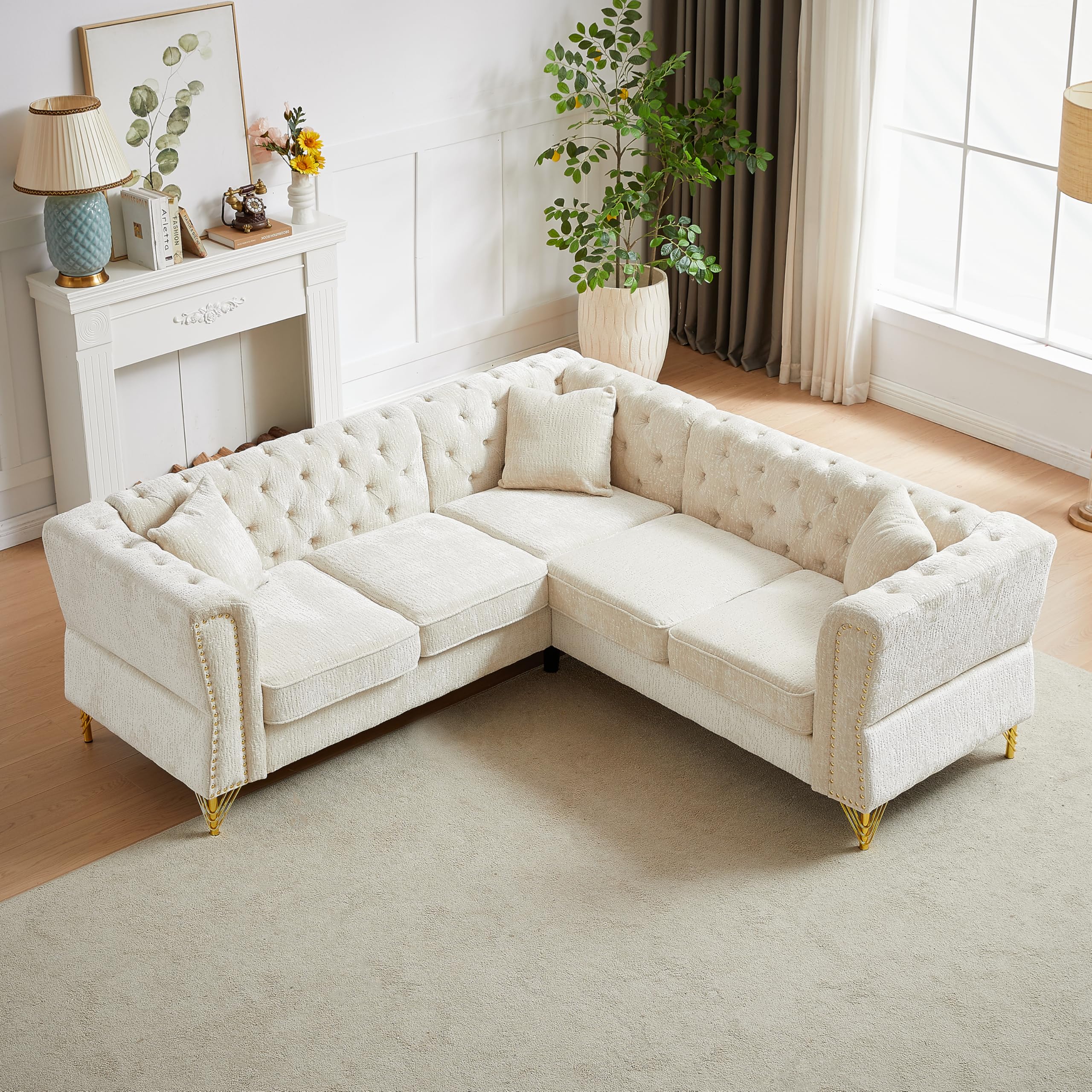 Acosure 110 Inch Cloud L Shape Couches with Cup Holder,USB T-pyce Port,Corduroy Corner Sofa W/Two Storage Spaces,for Living Room,Bedroom,Apartment,Office,Beige, 110"