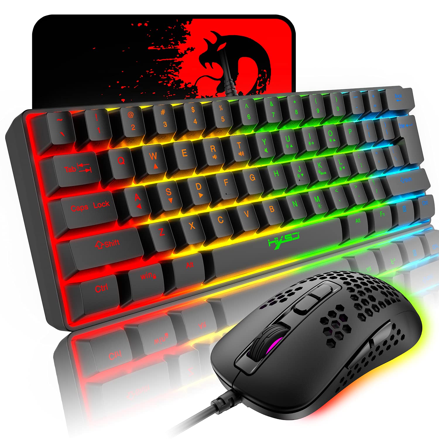 60% Wired Gaming Keyboard and Mouse Combo,RGB Backlit Ultra-Compact Mini 61 Keys Mechanical Feel Keyboard,RGB Backlit 2400 DPI Lightweight Gaming Mouse with Honeycomb Shell for PC/Mac (Black)