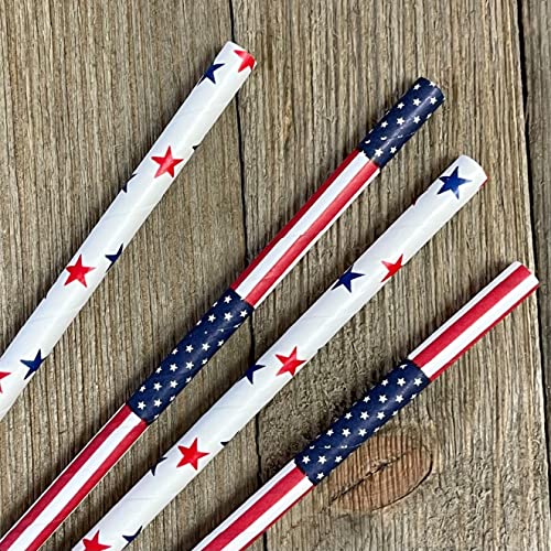 American Flag Paper Straws - Patriotic Party Supply - Red White and Blue - 50 Pack