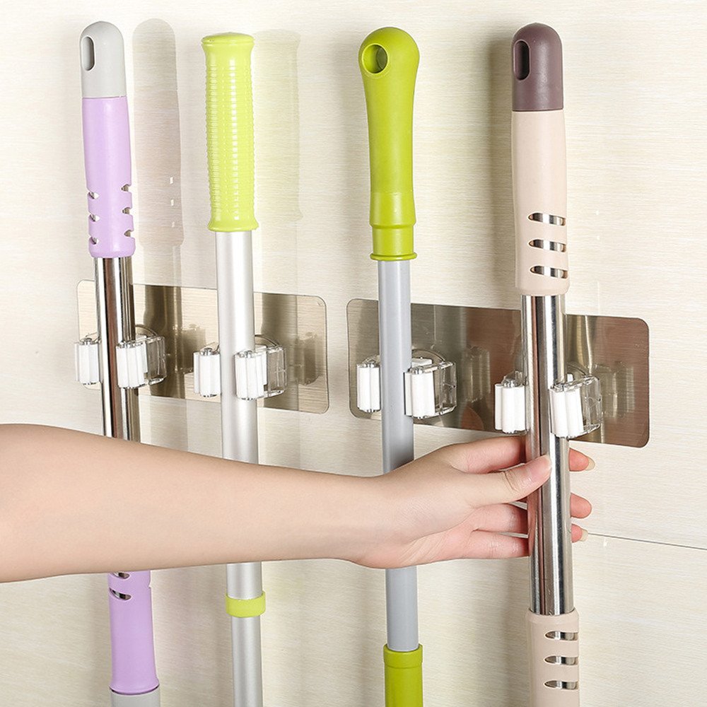LIEJIE Mop and Broom Holder Wall Mounted Mop Organizer Holder Broom Mop Holder Brush Broom Hanger Storage Rack Kitchen Tool and Garden Tool Hanger Organizer Rake with 2 Racks (White)