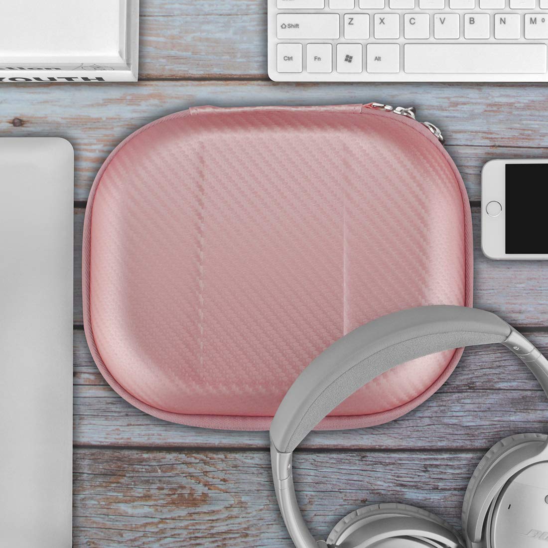Geekria NOVA Headphones Case Compatible with Bose QC Ultra, QuietComfort 35 II, QC45, QC25, QCSE Case, Replacement Hard Shell Travel Carrying Bag with Cable Storage (Rose Gold)