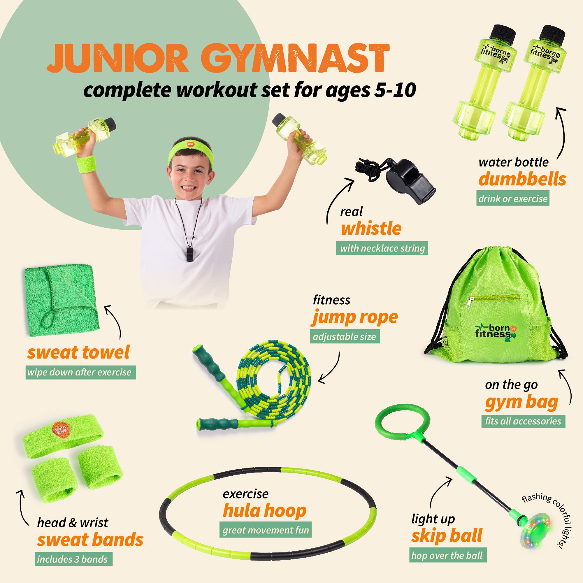 Born Toys Complete Kids Exercise Equipment Set for Ages 5 & up, Kids Workout Equipment