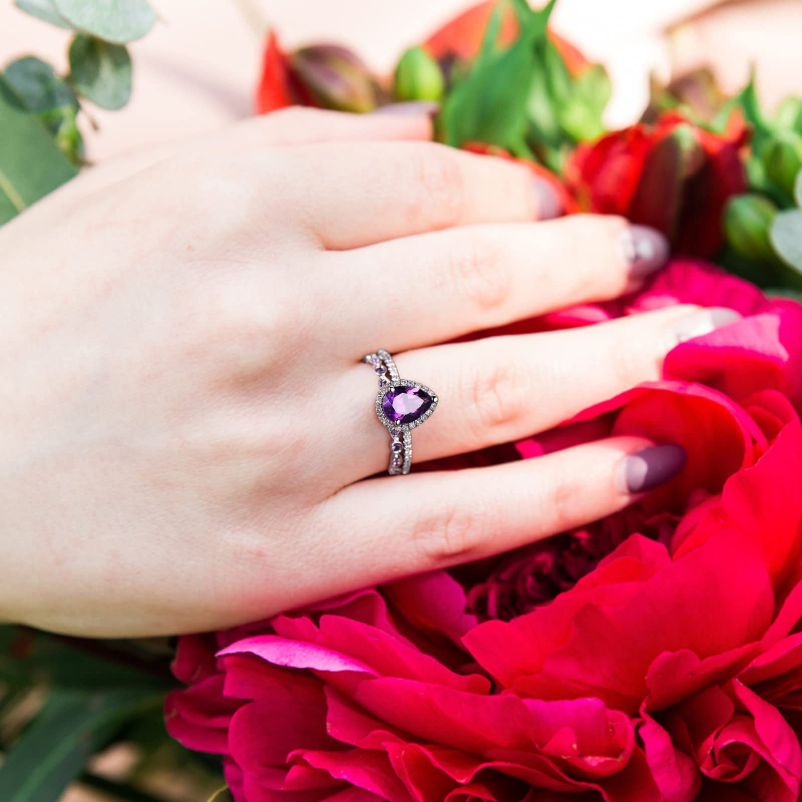 2pcs Shining Amethyst Ring Tear Drop Shape Cubic Zirconia Promise Rings Set Teardrop Ring Engagement Wedding Band Ring Sets