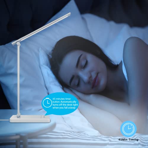 Aourow Desk Lamp LED Dimmable,Table Lamp with 5 Light Modes and 5 Brightness Levels for Home Office,Touch Desk Light with 45 Minute Timer for Bedside Reading,White(USB Charger NOT Included)