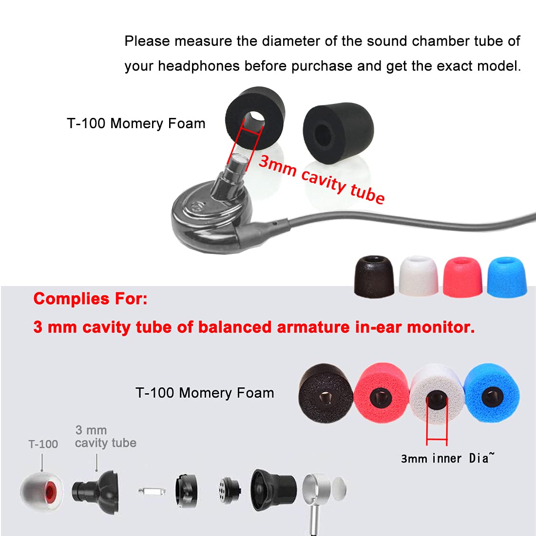 6 Packs(12 Pieces) in-Ear Monitor Replacement Memory Foam Tips 3mm Earplugs Earbud Cover for Balanced Armatured Headphone T-100(Medium, Black)