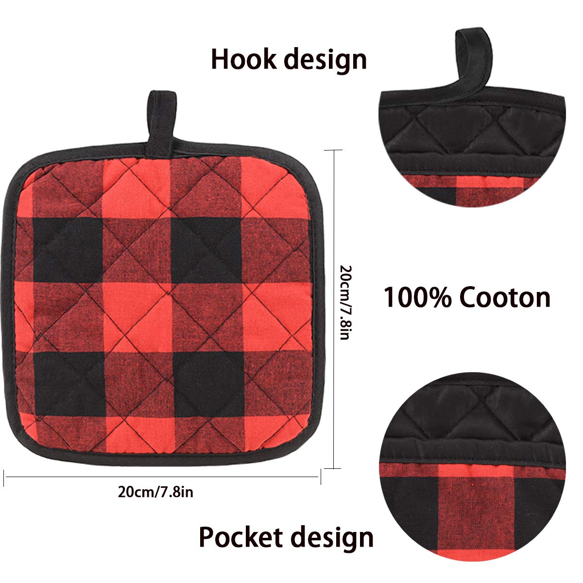 6 Pieces 100% Classic Check Pattern Potholder , Heat Resistant with Pocket for Easy Grip. (Red Plaid)
