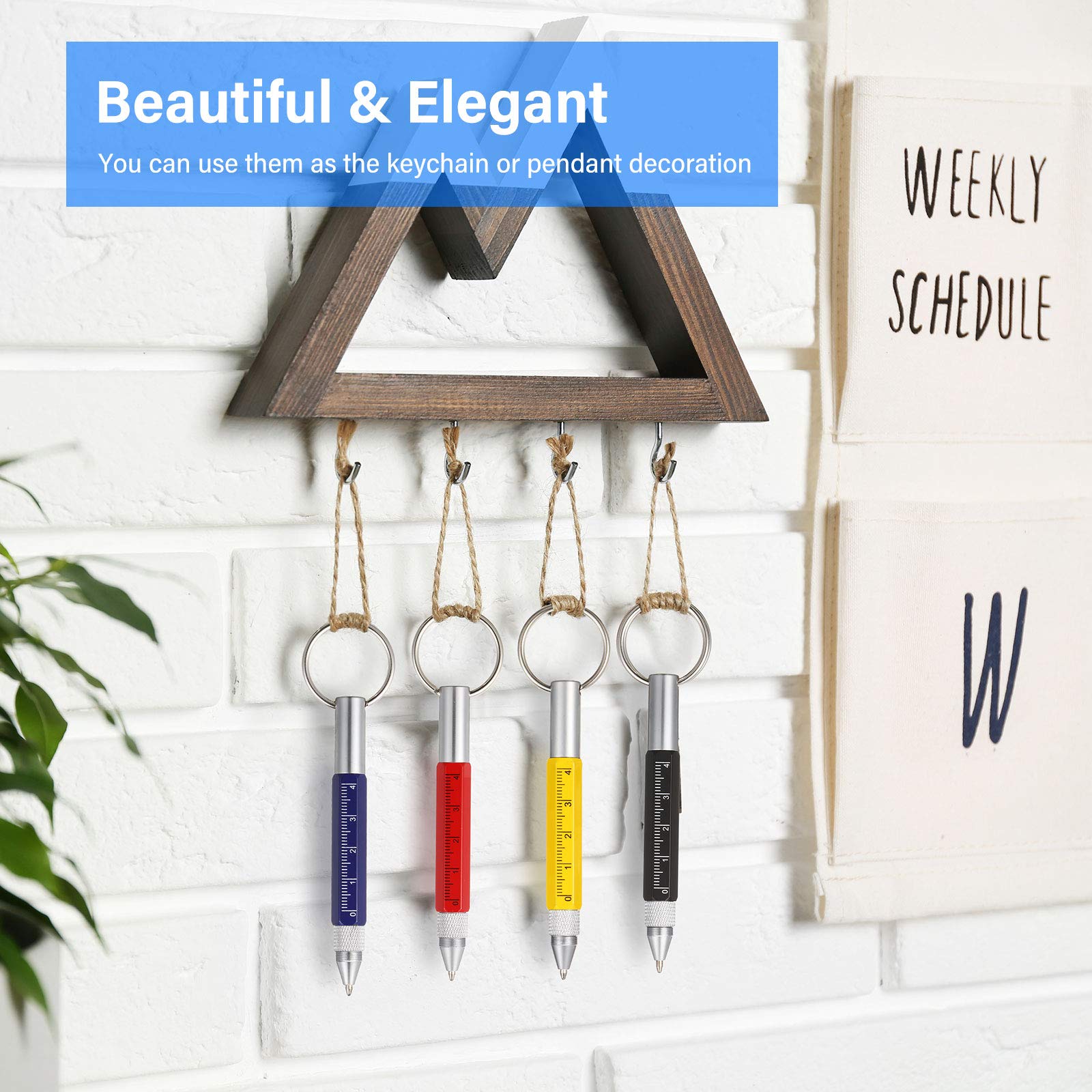 4 Pieces 6 In 1 Multitool Tech Tool Pen Key Ring Screwdriver Pen with Ruler, Two-head Ballpoint Pen Refills Metal Tool Pen for Students, Office Staff, Construction Workers, Red, Yellow, Blue, Black