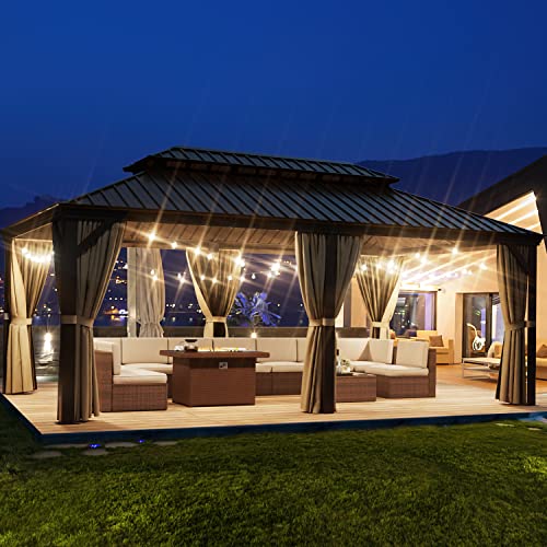 Aoxun 12FT×20FT Hardtop Aluminum Gazebo, Outdoor Metal Frame Canopy Gazebo with a Mosquito Net and Privacy Sidewalls, All-Weather Gazebo Canopy for Patio, Garden, Backyard, Brown