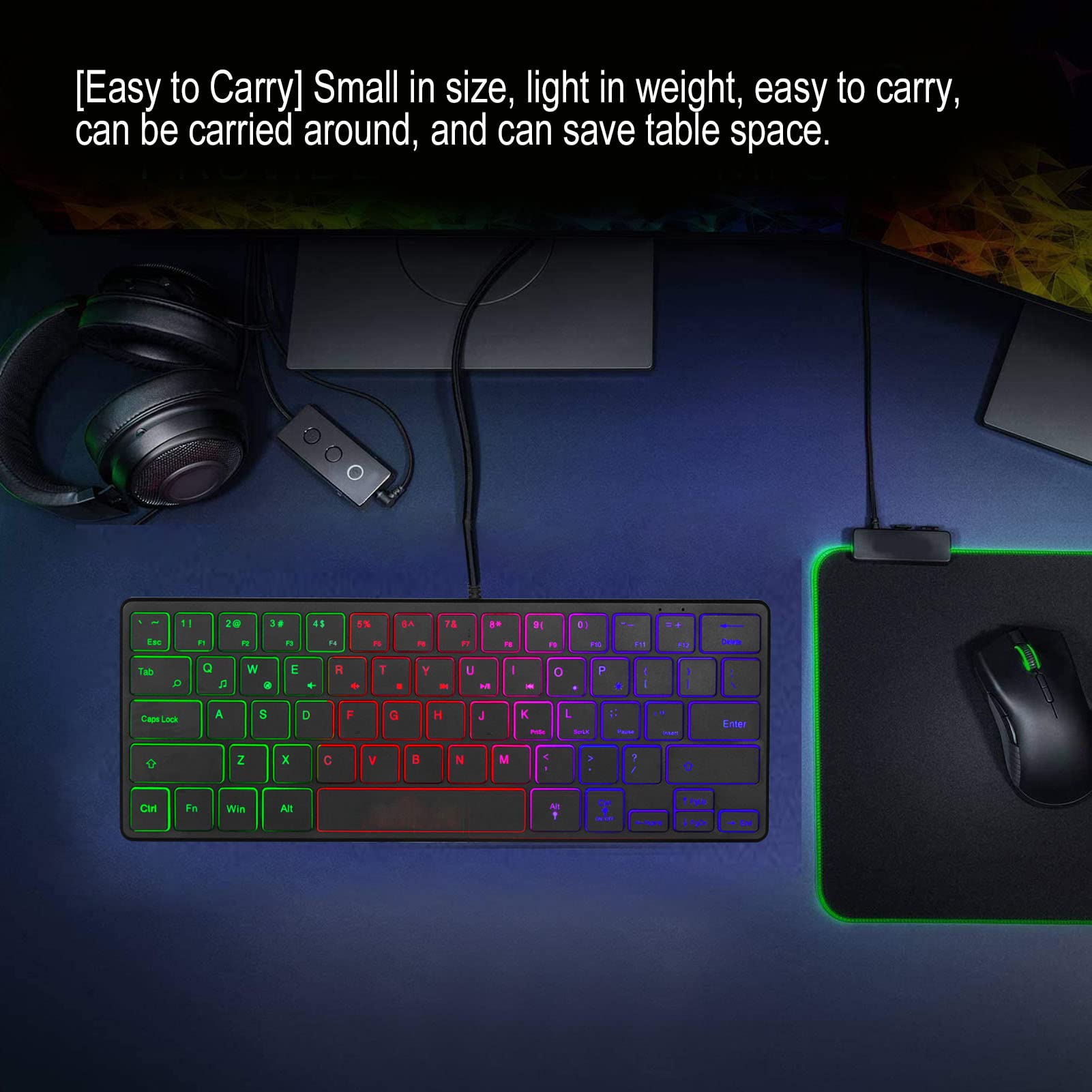ASHATA Mini USB Wired Gaming Keyboard 64 Keys RGB Backlights Computer Gaming Keyboard for Desktop Notebook Computer, Plug and Play