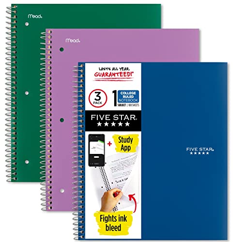 Five Star Spiral Notebooks with Pockets + Study App, 3 Pack, 1-Subject, College Ruled Paper, 11” x 8-1/2", 100 Sheets, Forest Green, Amethyst Purple and Pacific Blue (38456)