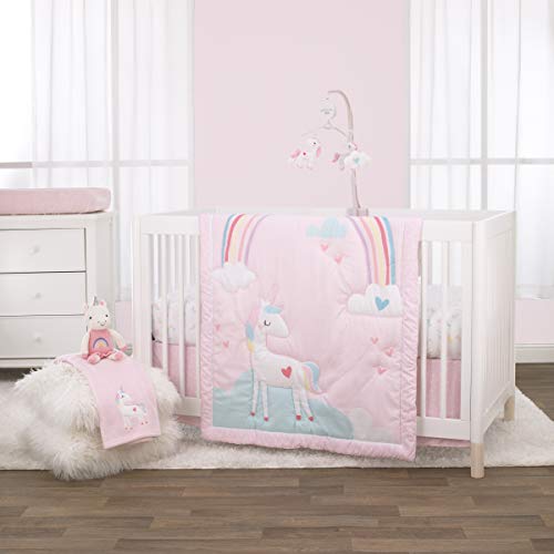 Little Love by NoJo Rainbow Unicorn Pink, Aqua, Yellow and White 3 Piece Crib Bedding Set - Comforter, Fitted Crib Sheet, Dust Ruffle