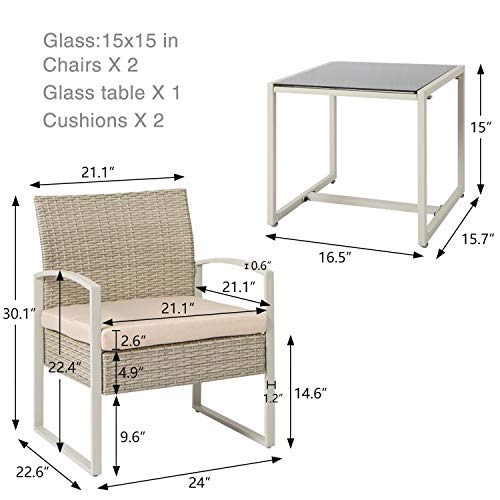 Aoxun 3 Pieces Patio Set Wicker Bistro Table Set, Outdoor Patio Furniture Conversation, Two Rattan Chairs with Glass Coffee Table for Terraces Poolsides and Cafes,Gray Beige