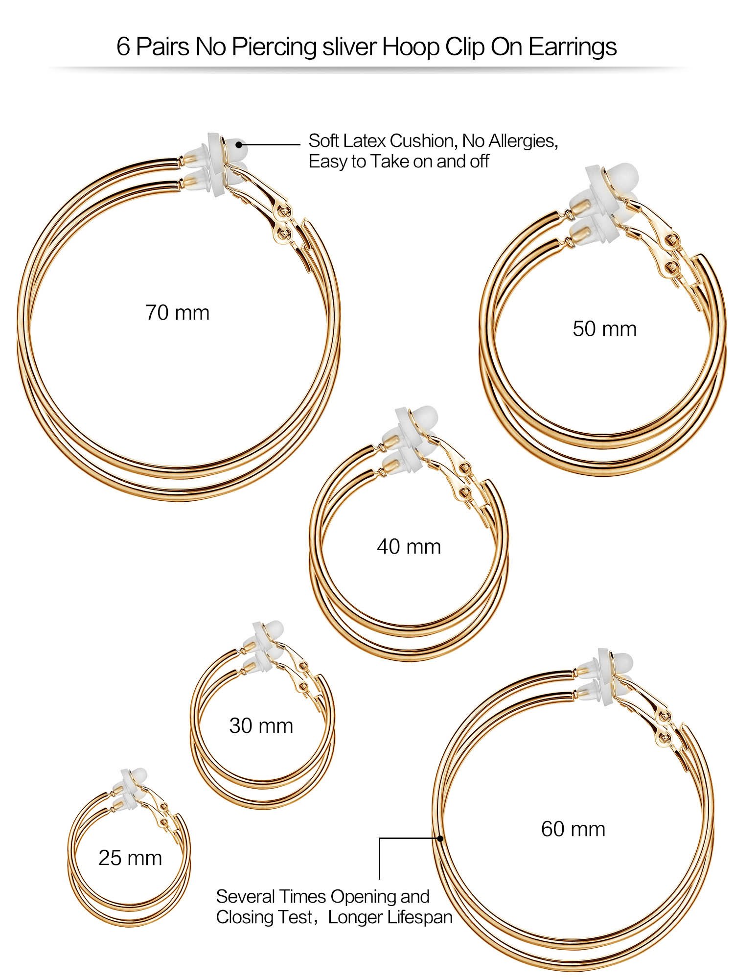 6 Pairs Earrings Clip On Earrings Non Piercing Earrings Set for Women and Girls, 6 Sizes (Gold Color)