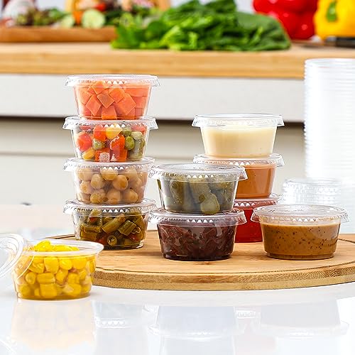 AOZITA [60 Sets - 2 oz Jello Shot Cups, Portion Cups With Lids, Small Plastic Containers with Lids, Airtight and Stackable Souffle Cups