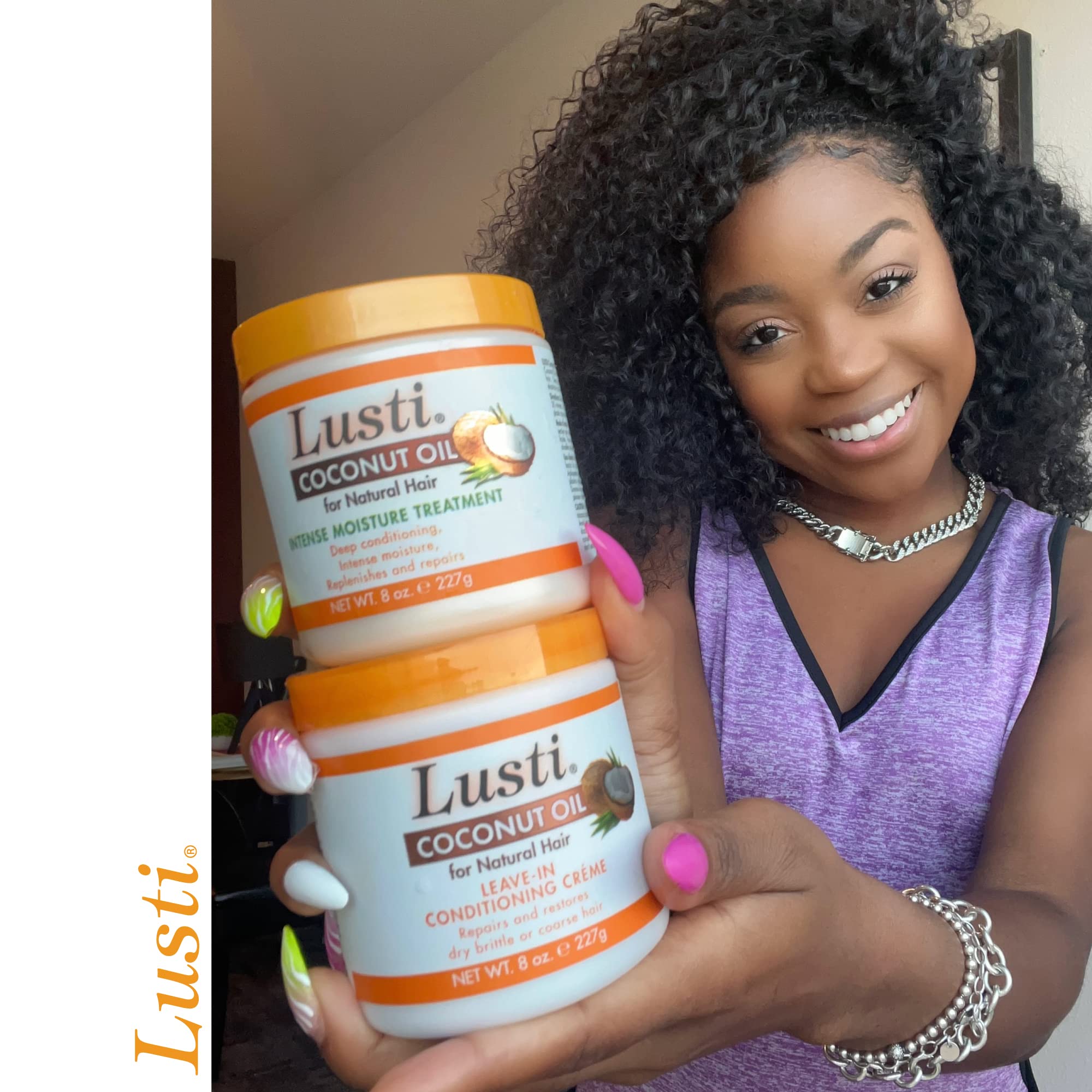 Lusti Coconut Oil Leave In Conditioning Cream, 8 fl oz - Repair and Restore - Rejuvenate Dry Brittle or Coarse Hair