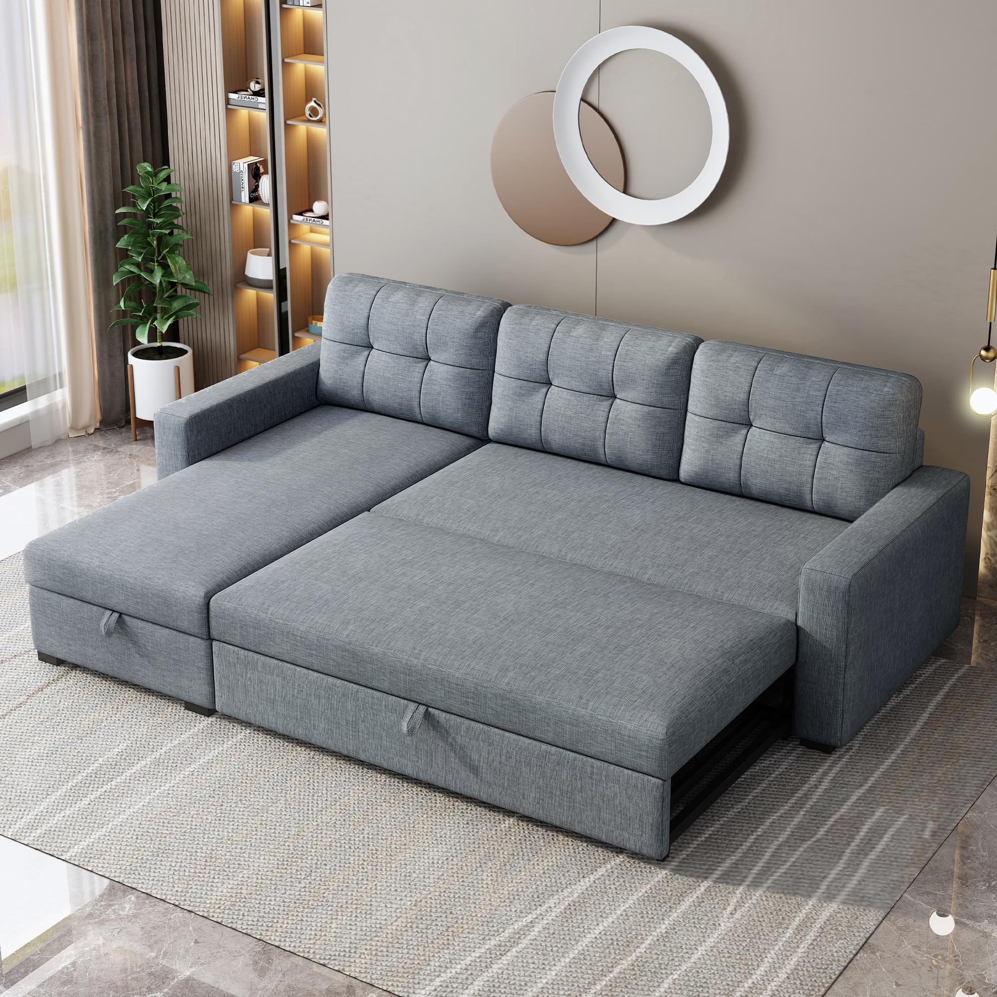 ACQCA 81.5" Sectional Sleeper Sofa with Storage Chaise, L Shaped Pull Out Couch Bed with 3 Removable Back Cushion for Living Room, Apartment,Office,Light Grey