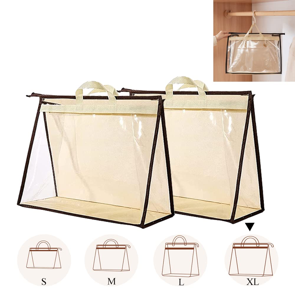 fazhongfa 2PCS Dust Bags for Handbags Clear Purse Storage Organizer Non-Woven Hanging Bag Closet with Zipper and Handle (X-Large, Cream Color)
