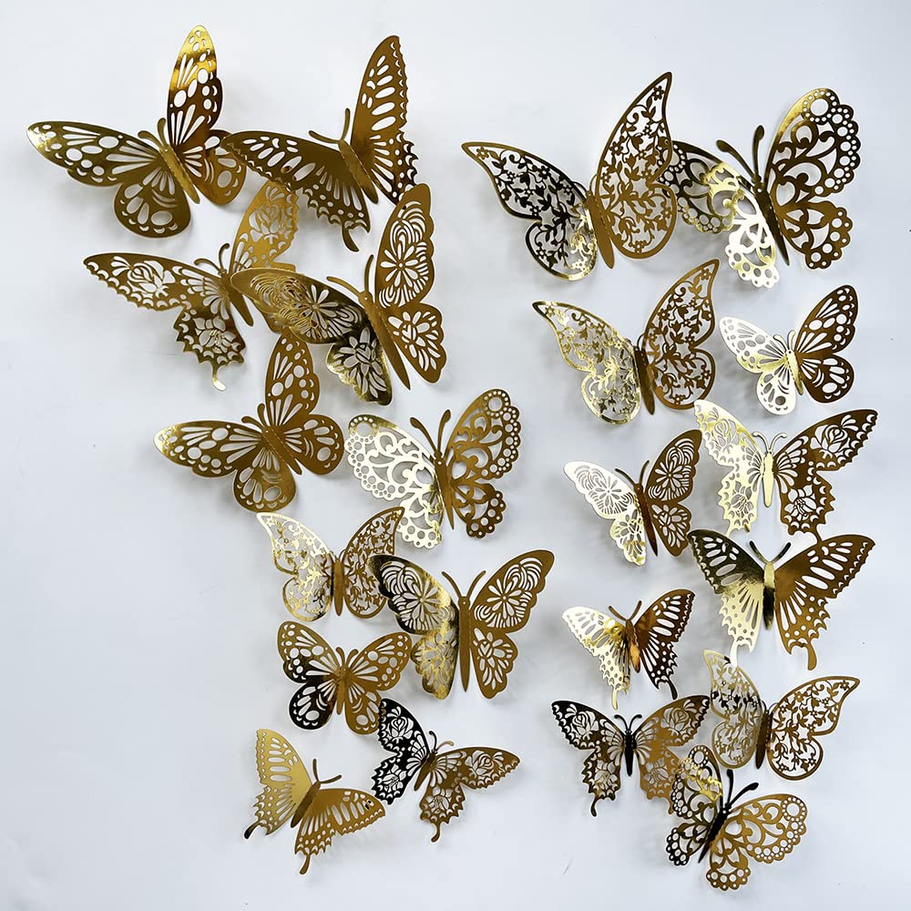72Pcs Gold Silver Butterfly Wall Sticker Decal 3D Metallic Art Butterfly Mural Decoration DIY Flying Stickers for Kids Bedroom Home Party Nursery Classroom Offices Décor (Gold)