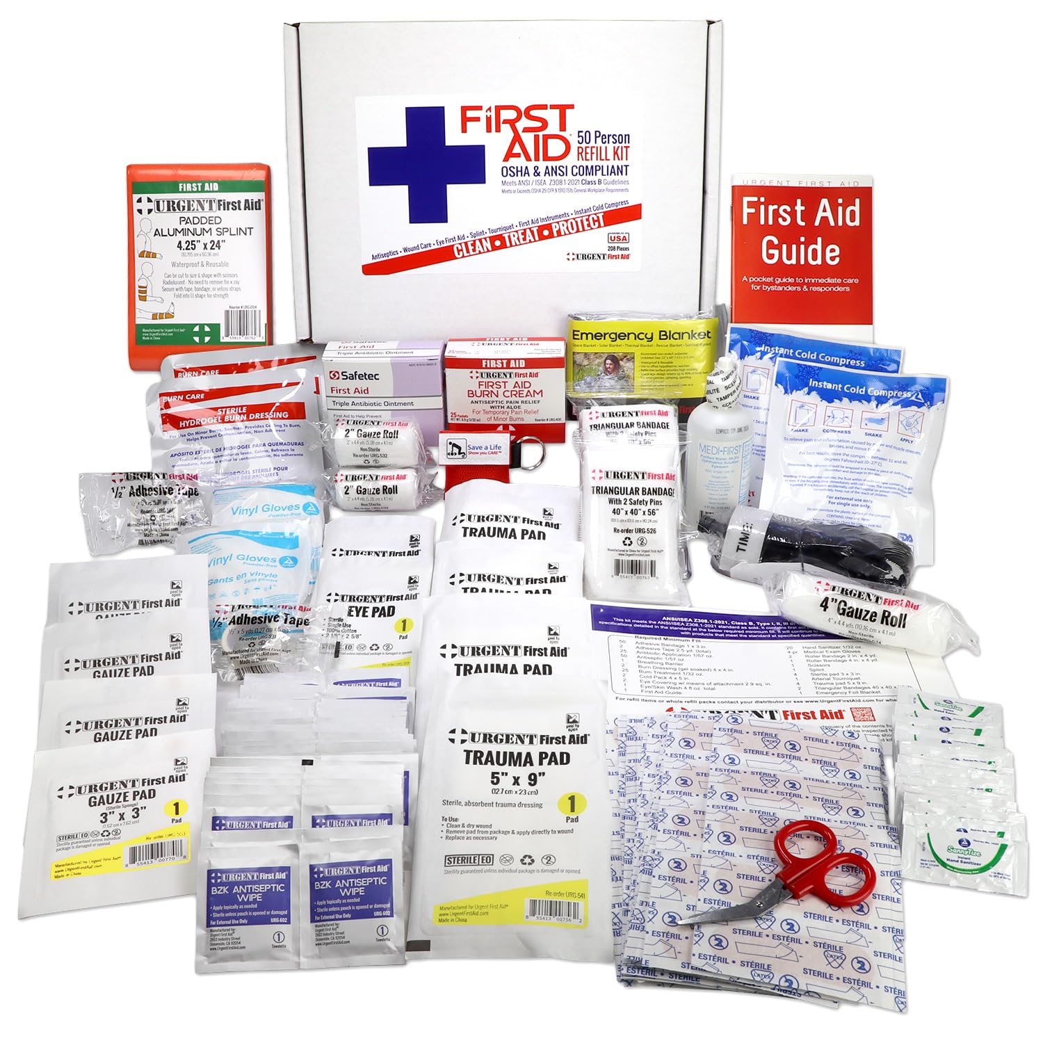OSHA & ANSI First Aid Kit Refill/Upgrade, 50 Person, 208 Pieces, ANSI 2021 Class B - Includes Splint, Tourniquet, Tools, Single dose and More: Fill Your kit or use to Upgrade to Current regulationsā¦
