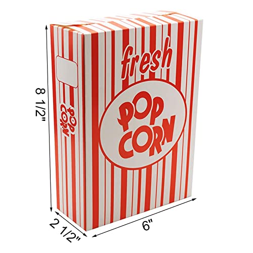 Fasmov 100 Pack Paper Popcorn Boxes, 6" L x 2 1/2" W x 8 1/2"H Close Top Movie Theater Popcorn Boxes, Popcorn Containers for Movie Party and Theater Night (Red and White Stripes)