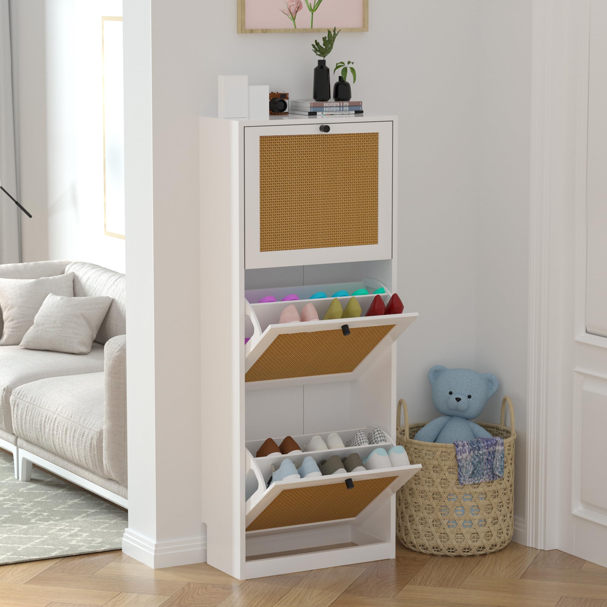 Anmytek Rattan Shoe Cabinet, Entryway Cabinet Wooden Shoe Rack with 3 Flip Drawers, 3-Tier Shoe Storage Cabinet for Entryway Hallway, White S0003