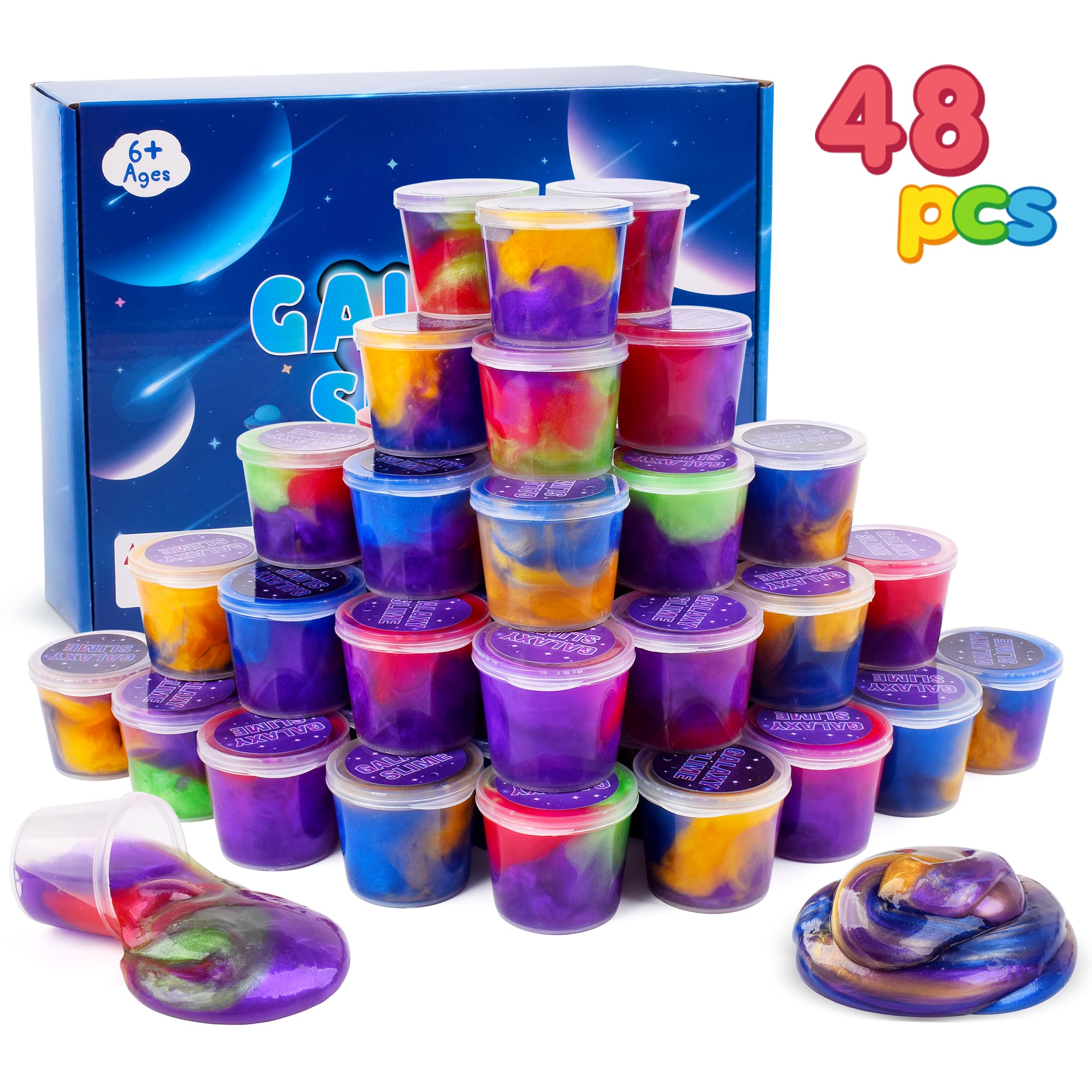 48 Pack Galaxy Mini Butter Slime Kit, 45 Pack Scented Slime Party Favor Gifts, DIY Putty Toys for Kids, Soft & Non-Sticky, Stress Relief Toy for Girls and Boys Age 10-12
