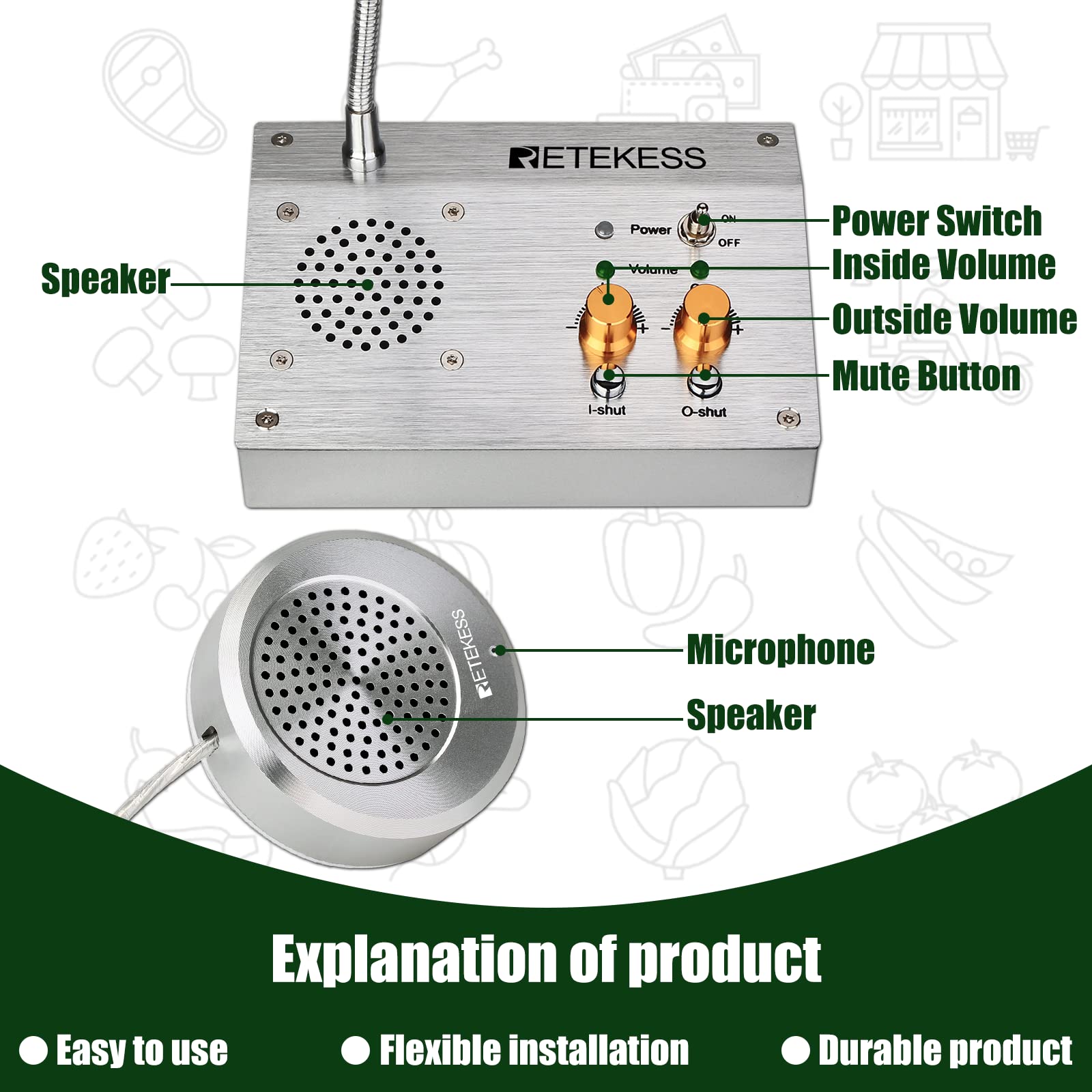 Retekess TW103 Window Speaker, Window Intercom,Independent Volume Control,Recording Function,for Travel Agency,Medical Center
