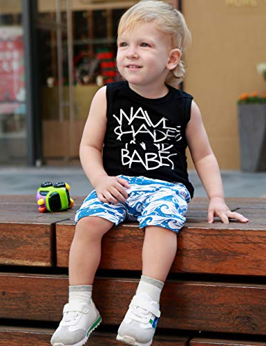 Helbaar Baby Boy Clothes Waves Shades and Babes Print Summer0 6 12 18 24months 2 3 T Black Sleeveless Tops and Wave Short Pants Outfits Set(18-24months)