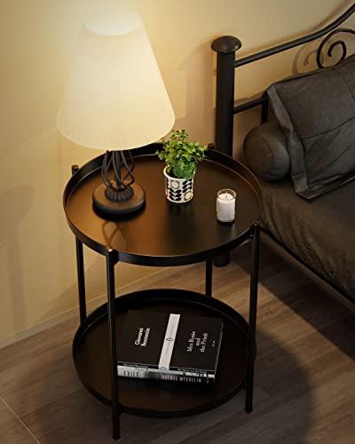EKNITEY 2 Tier End Table - Metal Side Table Waterproof Small Sofa Coffee Side Tables Bedroom Indoor Outdoor with Removable Tray for Living Room Bedroom Balcony and Office (Black)
