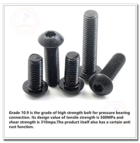 50pcs M2.5×10mm Black Alloy Steel Button Head Round Head Hex Socket Cap Screw Bolt ISO7380 Black Oxide