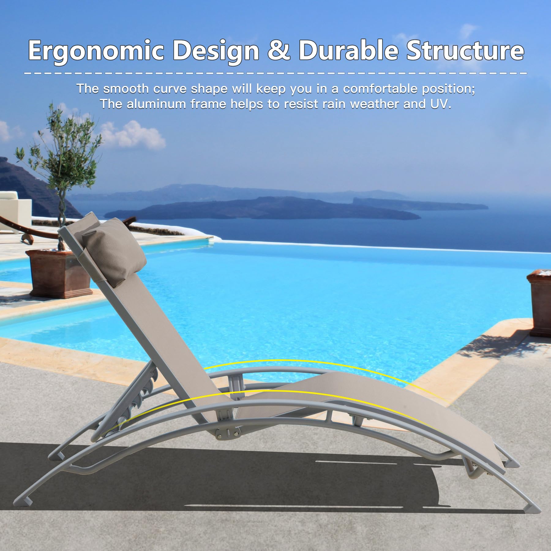Domi Pool Lounge Chairs Set of 3,Aluminum Adjustable Outdoor Chaise Lounge with Side Table,All Weather Poolside Chairs for Deck Lawn Poolside, Textilene (Khaki)