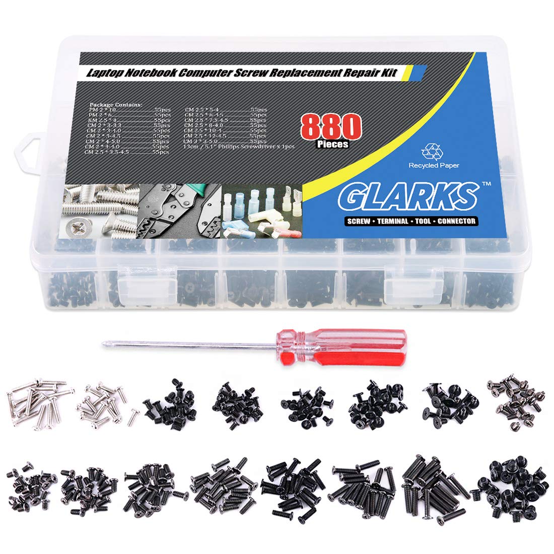 Glarks 880pcs Laptop Notebook Computer Screw Replacement Repair Kit for Lenovo Dell Toshiba Sony Samsung HP Gateway (Extra: Phillips Screwdriver)