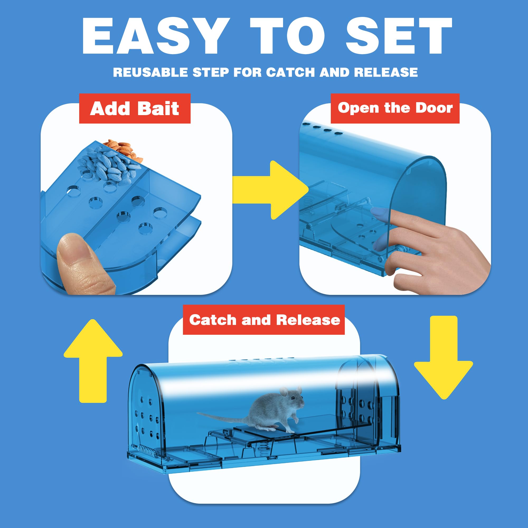 4 PCS Humane Mouse Traps Catch and Release, Indoor/Outdoor Live Mouse Trap No Kill, Pet Safe Mice Trap for Home, Animal Catcher for Mouse, Mole, Rat Trap Easy to Use in Garage, Basement, Old House