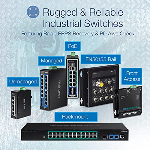 TRENDnet 8-Port Industrial Gigabit Poe+ Wall-Mounted Front Access Switch, TI-PG80F, 8X Gigabit Poe+ Ports, DIN-Rail Mount, 48 –57V DC Power Input, IP30, 200W Poe Budget, Lifetime Protection