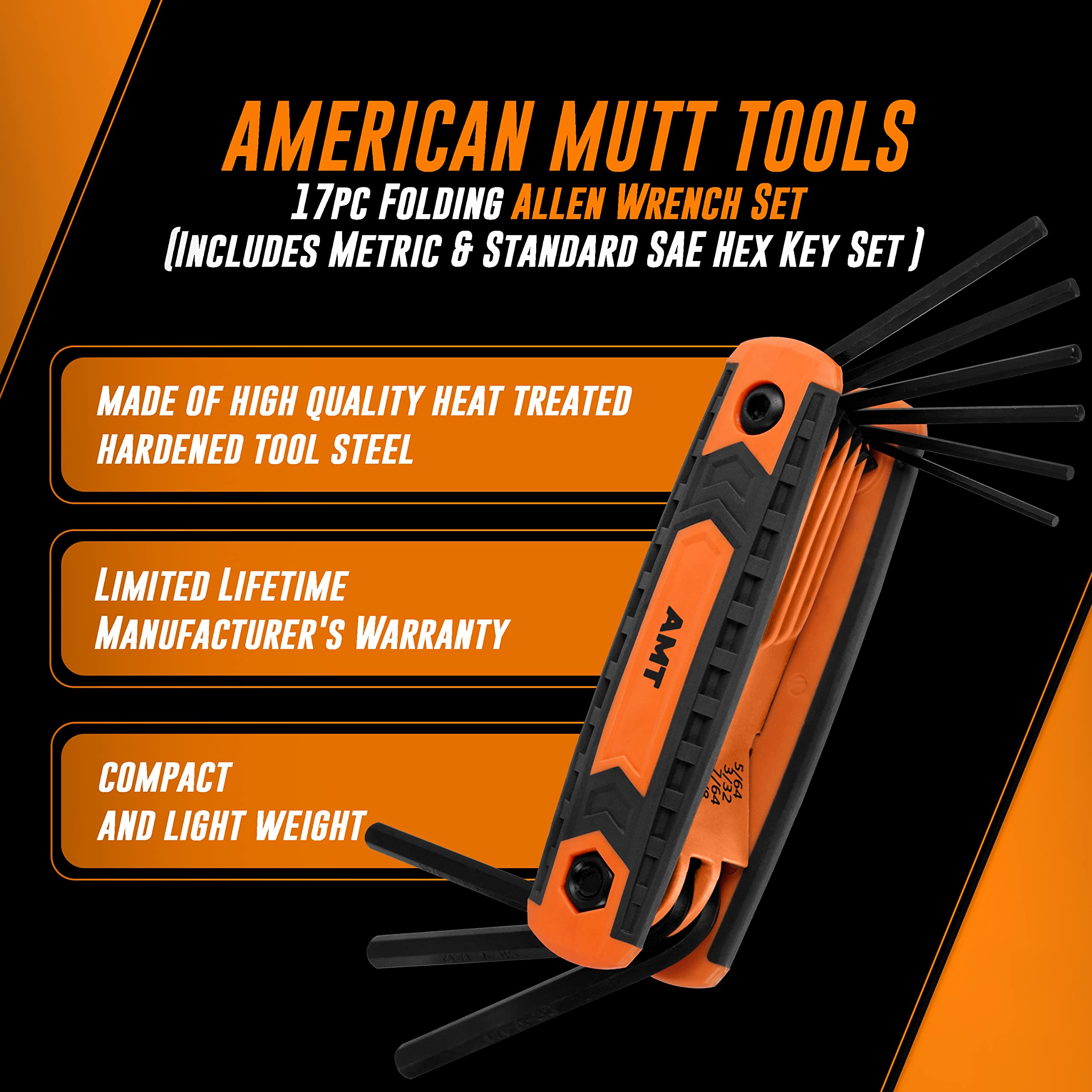 AMERICAN MUTT TOOLS 17pc Folding Allen Wrench Set β SAE and Metric Allen Key Set β Hex Key Set, Allen Wrenches Sets, Metric Allen Wrenches Set, Hex Wrench Set, Llaves Allen Set, Hex Set, Hex Tool Set