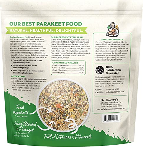 Dr. Harvey's Our Best Parakeet Food, Wholesome Seeds, Nuts, Fruits, and Vegetables Bird Feed for Budgies and Parakeets